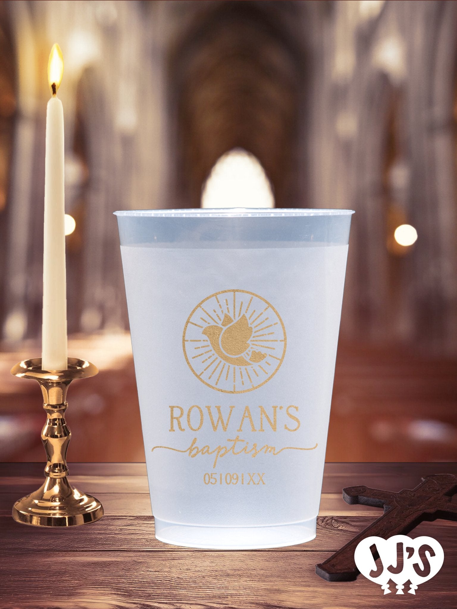 Cross in Wreath Baptism Personalized Frosted Plastic Cups – JJ's Party ...